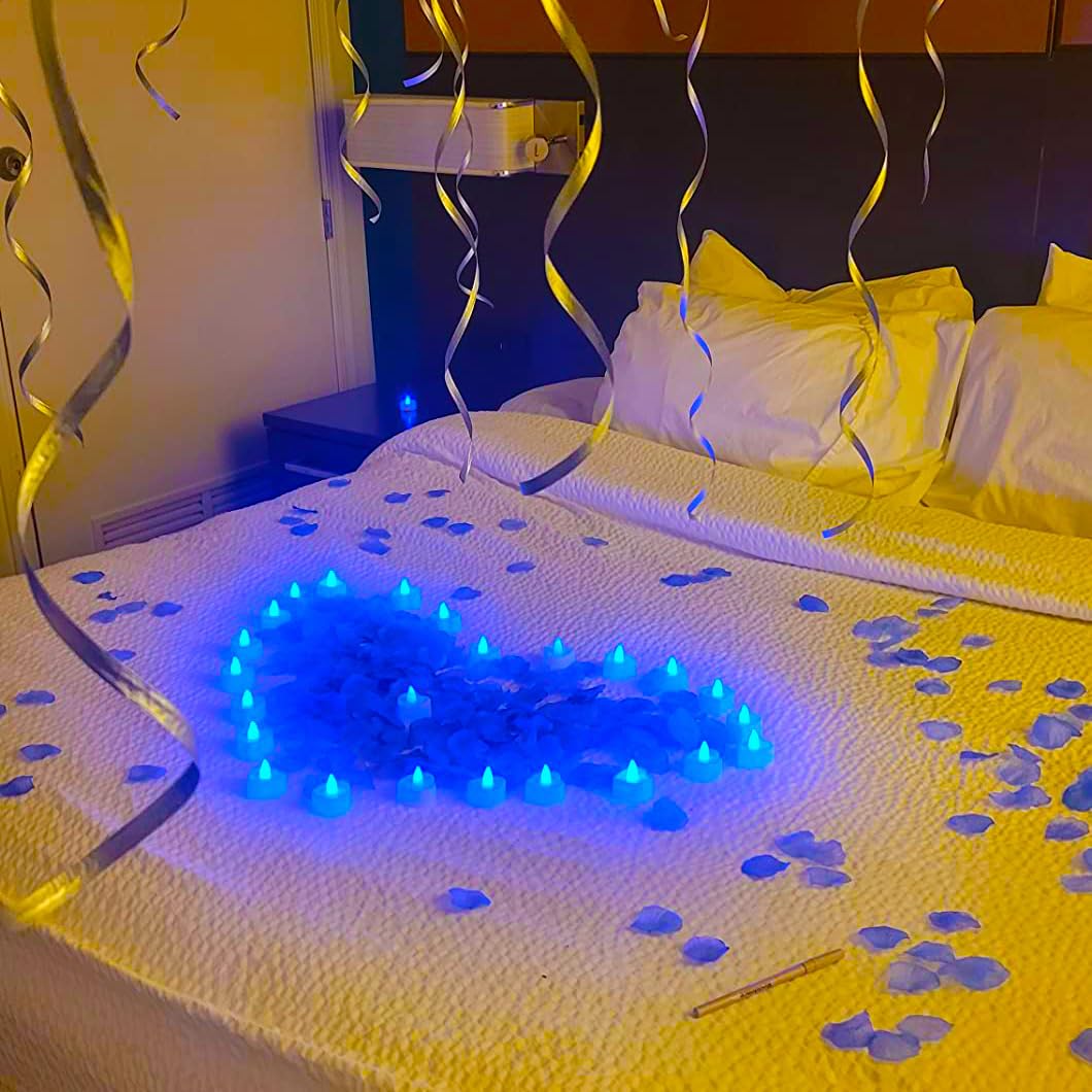 AUSAYE 1000 Pieces Artificial Rose Petals with 24 Pcs Heart Shaped LED Candles Smokeless Romantic Love LED Tea Lights for Night Valentine's Day Anniversary Wedding Table Decor Blue Party Decoration
