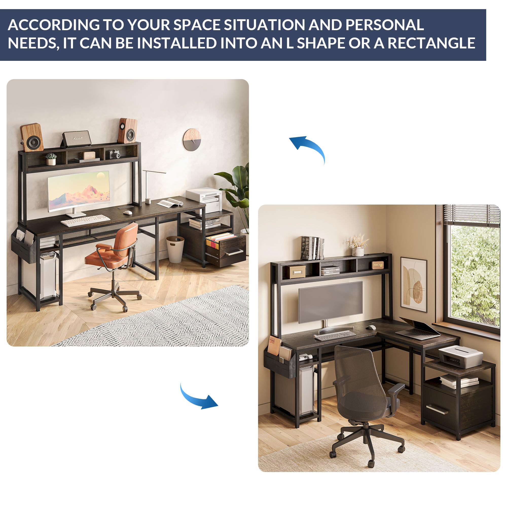 BELLEZE Computer Desk with Hutch and File Cabinet, 104" Long Gaming Desk with RGB LED Lights and USB AC Outlet, Reversible L-Shaped Desk for Home Office (Eclipse - Brown)
