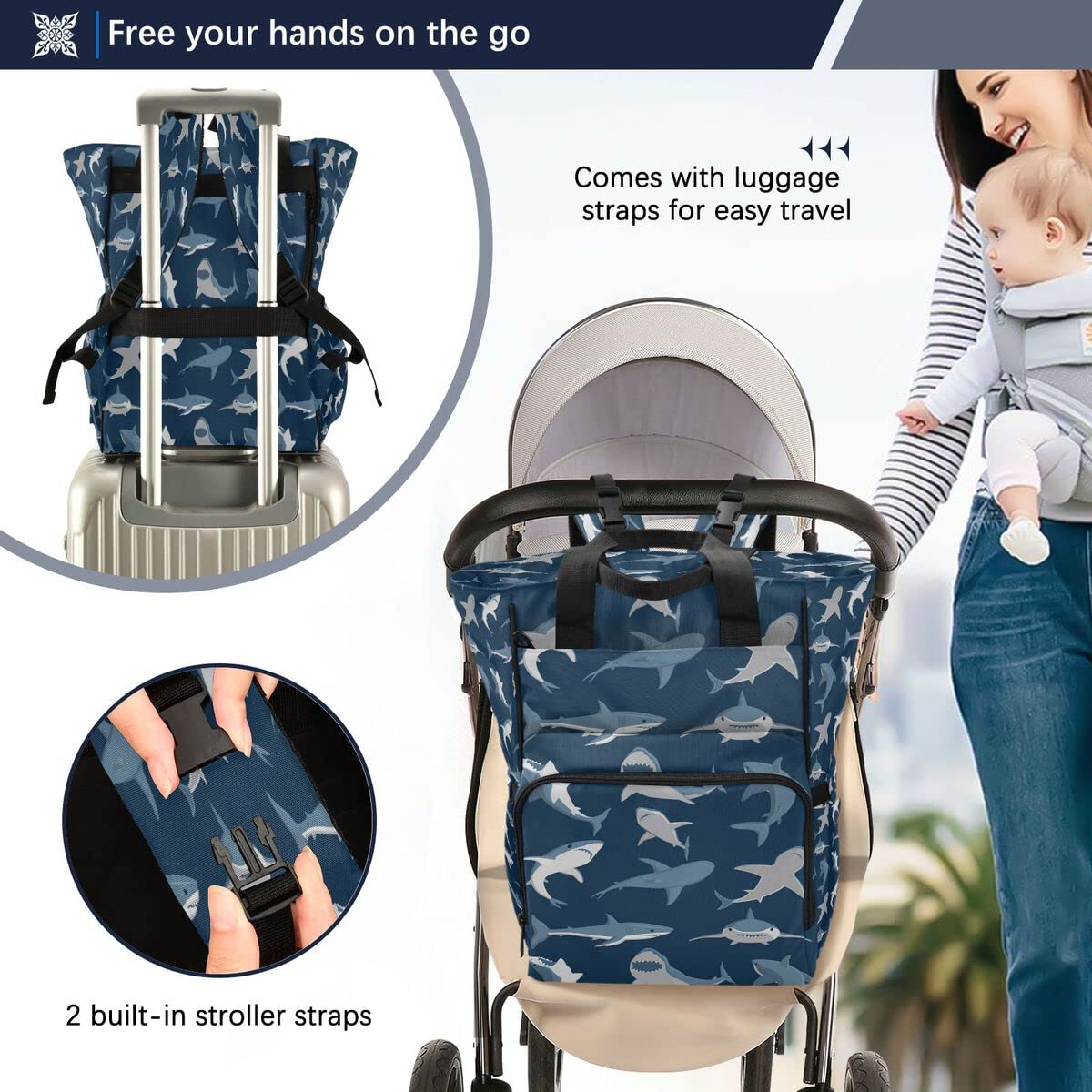 ALAZA Dark Blue Shark Fish Diaper Bag Backpack Multifunction Travel Back Pack Large Capacity Bag