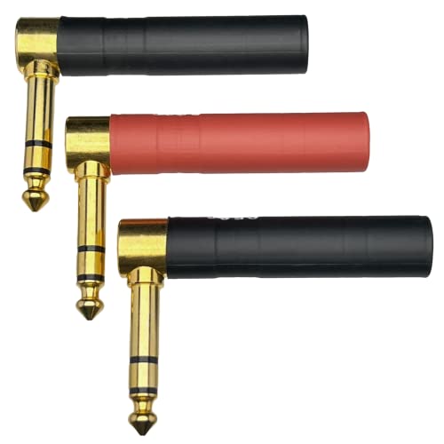 CNCESS CESS-237 Headphone / Earphone Right-Angle Adapter, 6.35mm 1/4-inch TRS Stereo Female to Male, 3-Pack (2 Black + 1 Red)