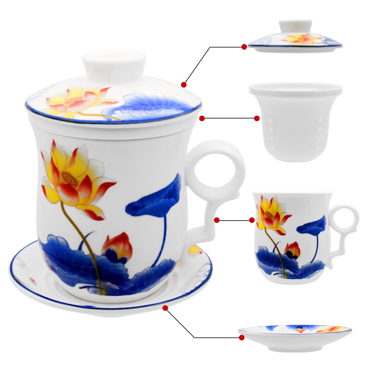 Ameolela Porcelain Tea Cup with Infuser Lid and Saucer Sets - Chinese Jingdezhen Ceramics Coffee Mug Teacup Loose Leaf Tea Brewing System for Home Office