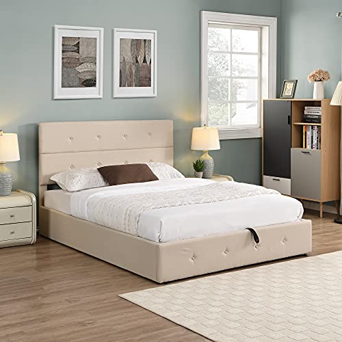 BIADNBZ Queen Size Platform Bed Frame Upholstered with Lifting Underneath Storage and Headboard, Wooden Slat Support, No Box Spring Needed, Beige