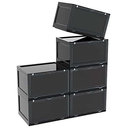 C&AHOME Clear Shoe Box, Clear Shoe Box Storage, Set of 6, Large Size Plastic Shoe Box with Magnetic Door, Shoe Organizer, Box Stackable for Display Sneakers, Fit Up to US Size 14''Black UCSBP06B