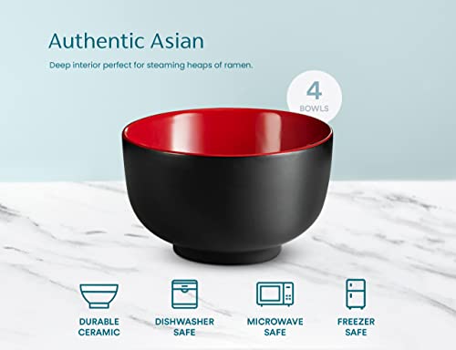 KooK Ceramic Japanese Noodle Bowl Set, Large Capacity, For Ramen, Udon, Soba, Pho and Soup, Microwave and Dishwasher Safe, 34 oz, Set of 4 (Black/Red)
