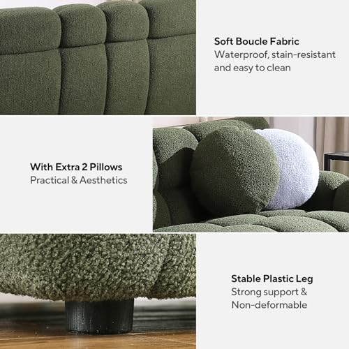 Alberobelo Boucle Sofa for Living Room, Cloud Couch with Solid Eucalyptus Frame & Cloud Pillow, Mid Century Modern Couch for Office Living Room Coffee Room (Green, 65"-Loveseat)