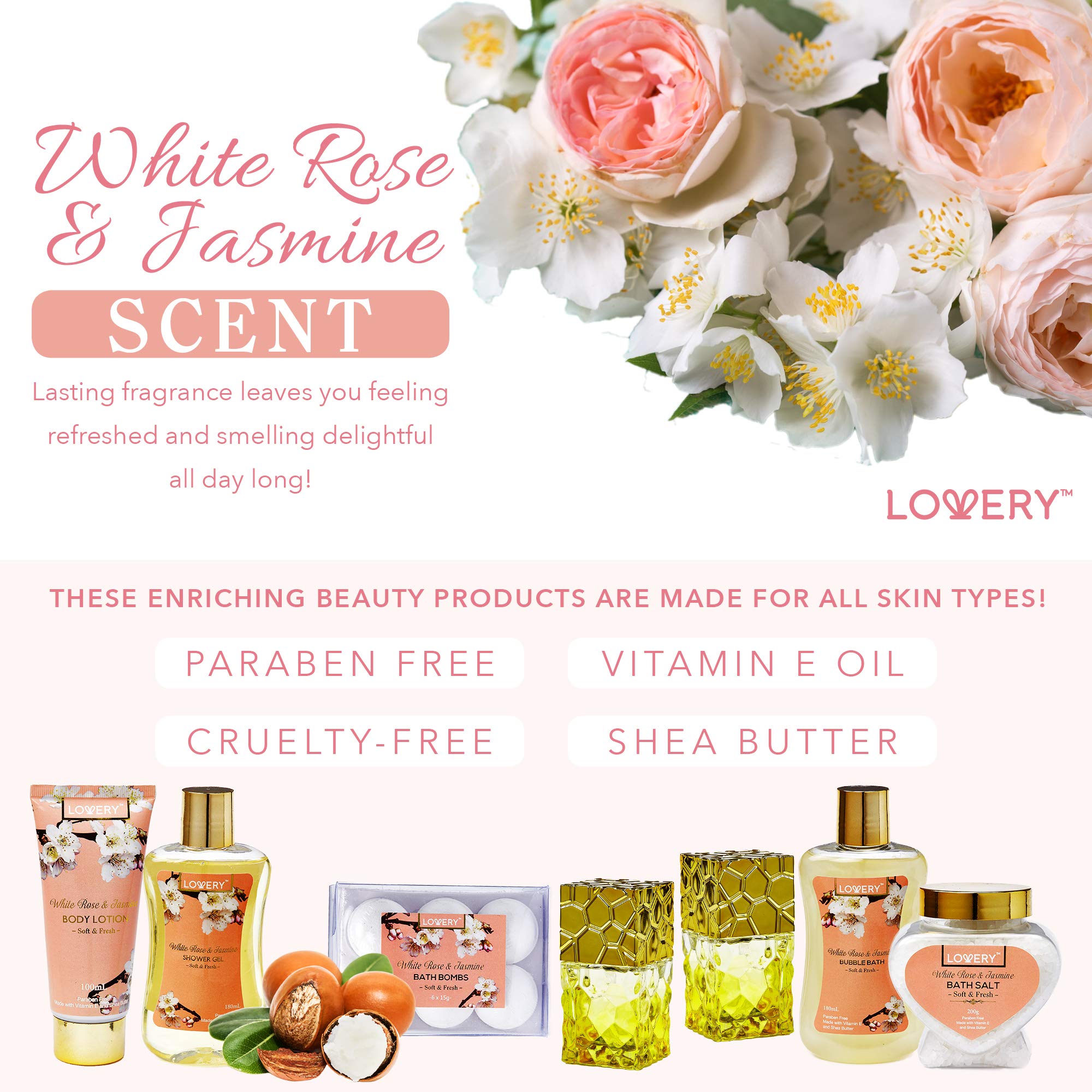 Valentines Day Perfume Set, Bath and Body Gift Basket For Women, 13pc Set of White Rose & Jasmine Cosmetic and Home Spa Set with Bath Bombs, Body Mist, Perfume, Intricate Gold Perfume Holder and More