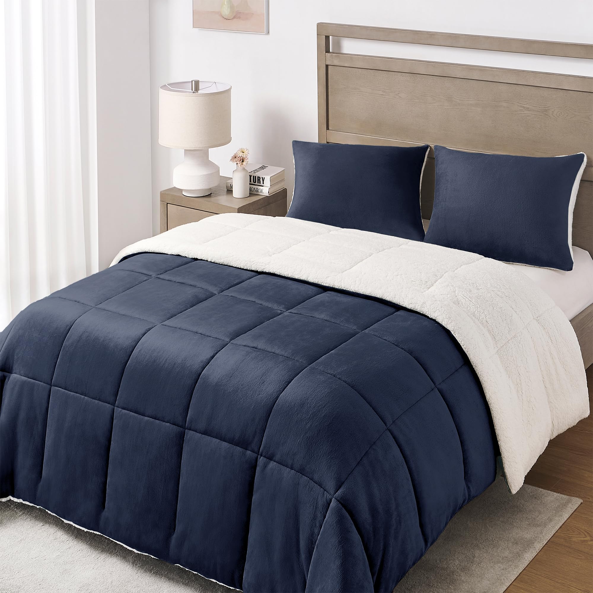 Basic Beyond Twin Comforter Set - Micromink Fleece Sherpa Comforter for Twin Bed, Soft and Warm Twin Bedding Comforter Set for Girls and Boys in Winter, Navy, 64"x88"