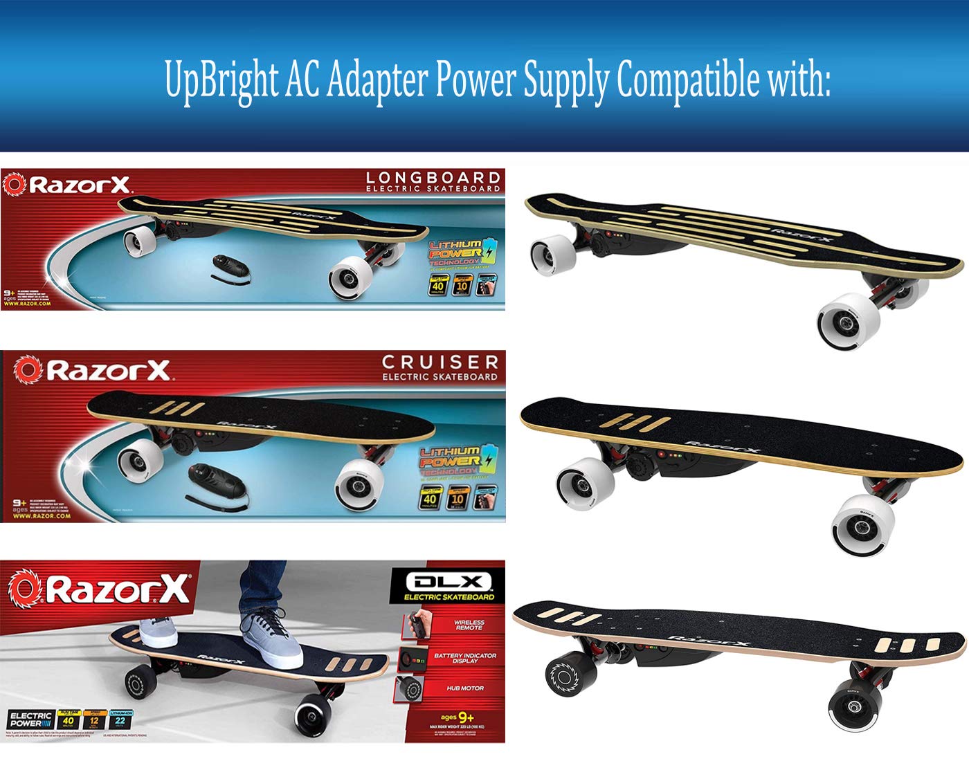 UpBright AC/DC Adapter Compatible with Razor RazorX Cruiser DLX 22V Lithium-Ion Li-ion 21.9V Battery Pack 25133099 25133098 25133090 Skateboard Longboard Electric Skate board Power Supply Cord Charger