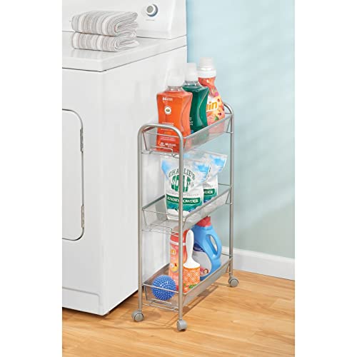 mDesign Steel Rolling Utility Cart Storage Organizer Trolley with 3 Basket Shelves for Laundry Room, Mudroom, Garage, Bathroom Organization - Holds Detergents, Hand Soap - Biro Collection, Silver