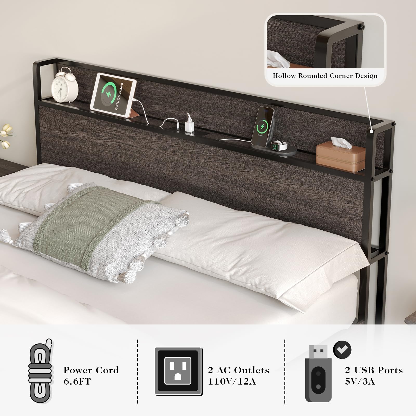 Albott Queen Size Lift up Storage Bed Frame, Wooden Platform Bed Frame with Storage Headboard & Charging Station, No Spring Box Needed/Noise Free, Black