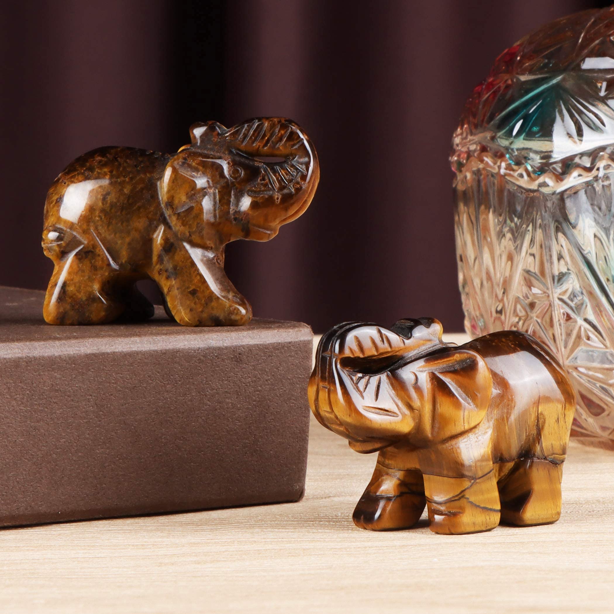 Artistone 2 Inch Yellow Tiger Eye Crystal Elephant Hand Carved Natural Stone Processed Crystal Gem Elephant Statue Animal Collectibles Home Decor Desk Accessories with Gift Box