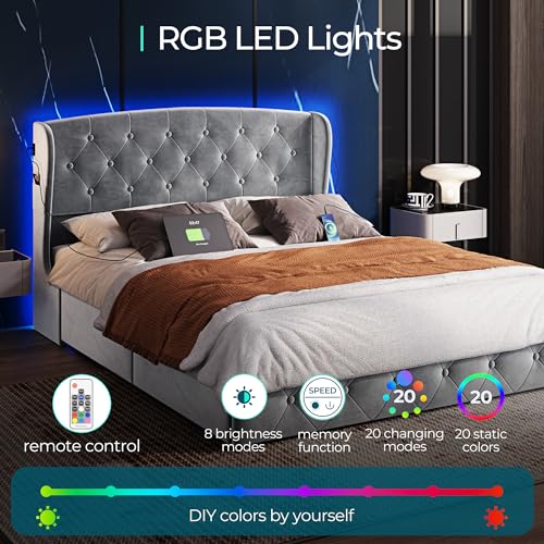 LINSY Queen Bed Frame with 4 Drawers, Velvet Upholstered Platform Bed with Button Tufted Headboard & Wingback, LED Lights, Type-C Chargers, No Need Box Spring, Light Grey