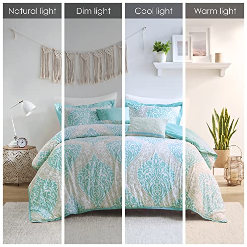 Intelligent Design ID10-898 Senna Comforter Set King/Cal King Size - Aqua Blue/Gray, Damask β 5 Piece Bed Sets β Ultra Soft Microfiber - All Season Comforter Set Bedding