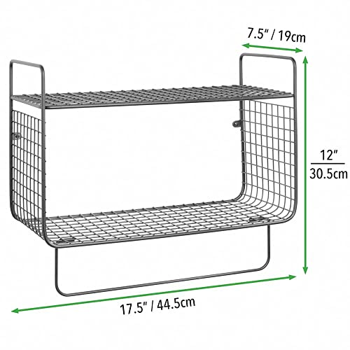 mDesign Steel Wall Mount Towel Rack Storage Organizer Shelf Holder with Towel Bar - for Bathroom, Laundry Room, Kitchen, Garage - Holds Hand Towels, Washcloth - Concerto Collection - Graphite Gray