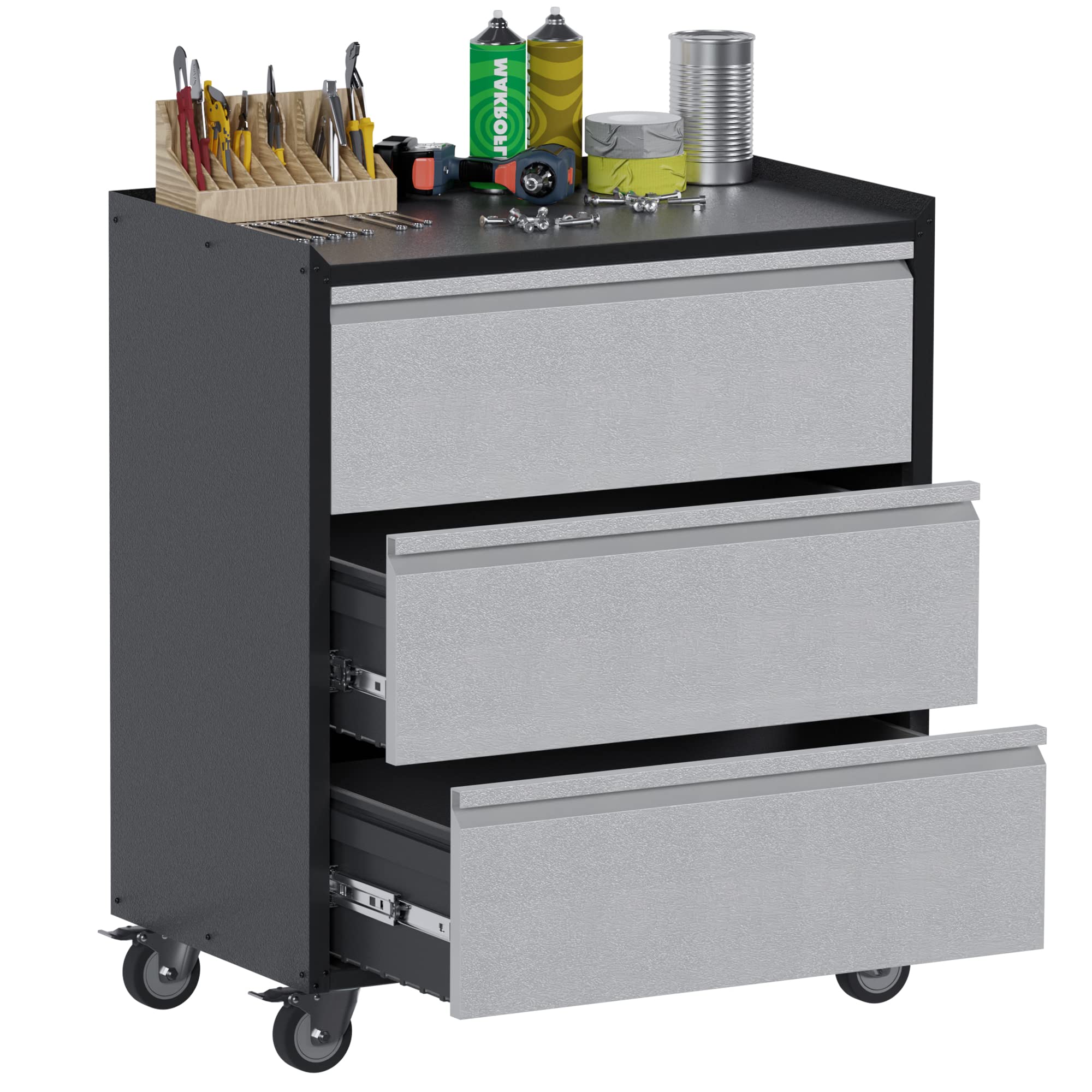 Aobabo Steel Wheeled Lockable Tool Box Supply Cabinet Organizer with 1 Drawer, 2 Adjustable Storage Shelves for Home, Office, and Garage, Black