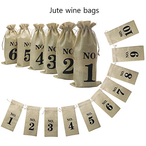 Shintop 10pcs Jute Wine Bags, 14 x 6 1/4 inches Hessian Numbered Wine Bottle Gift Bags with Drawstring for Blind Wine Tasting (Brown)