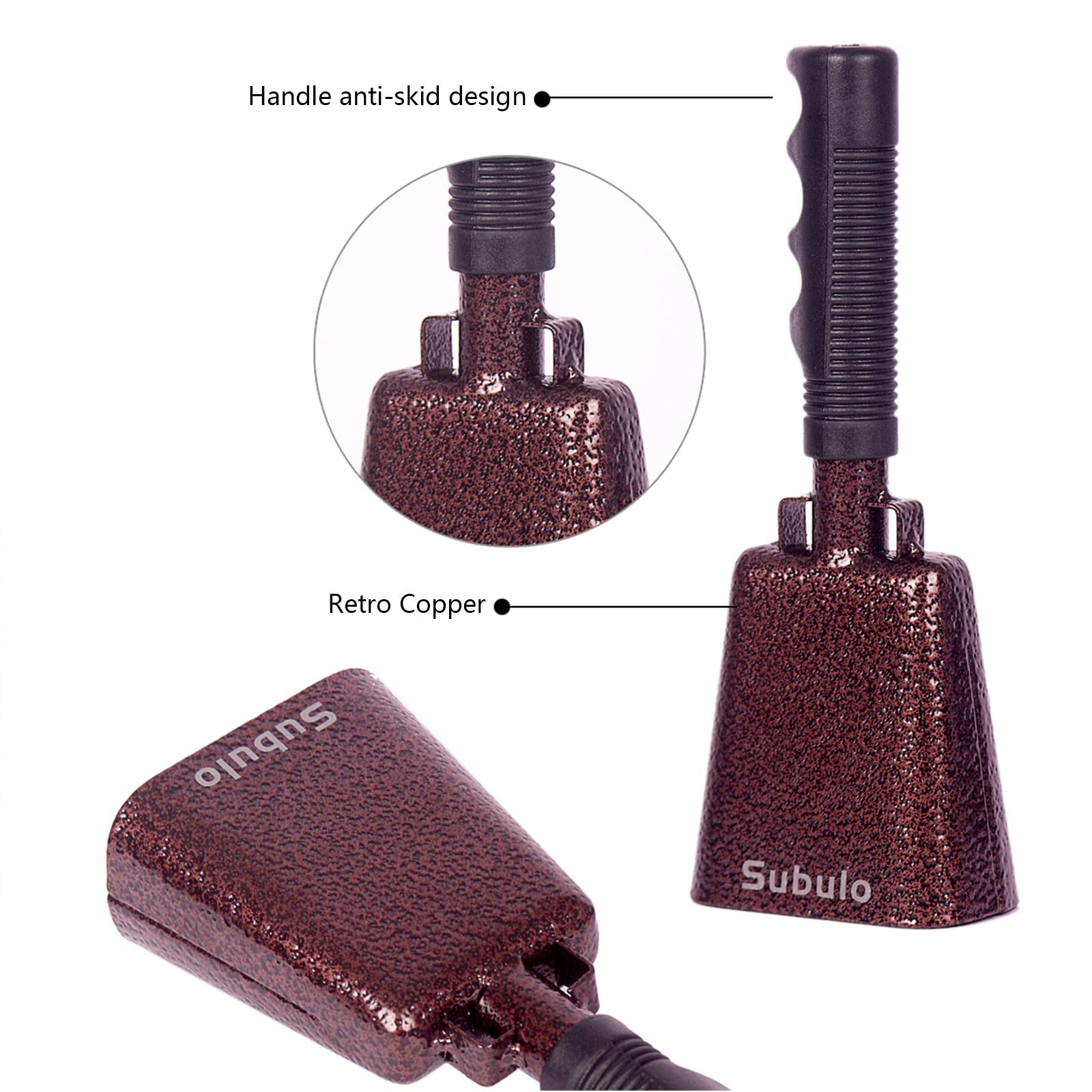 9 Inch Cowbell with Handle Cheering Bell 2 Pack for Sports Events Large Solid School Bells & Chimes Percussion Musical Instruments Call Bell Alarm (Retro Copper)