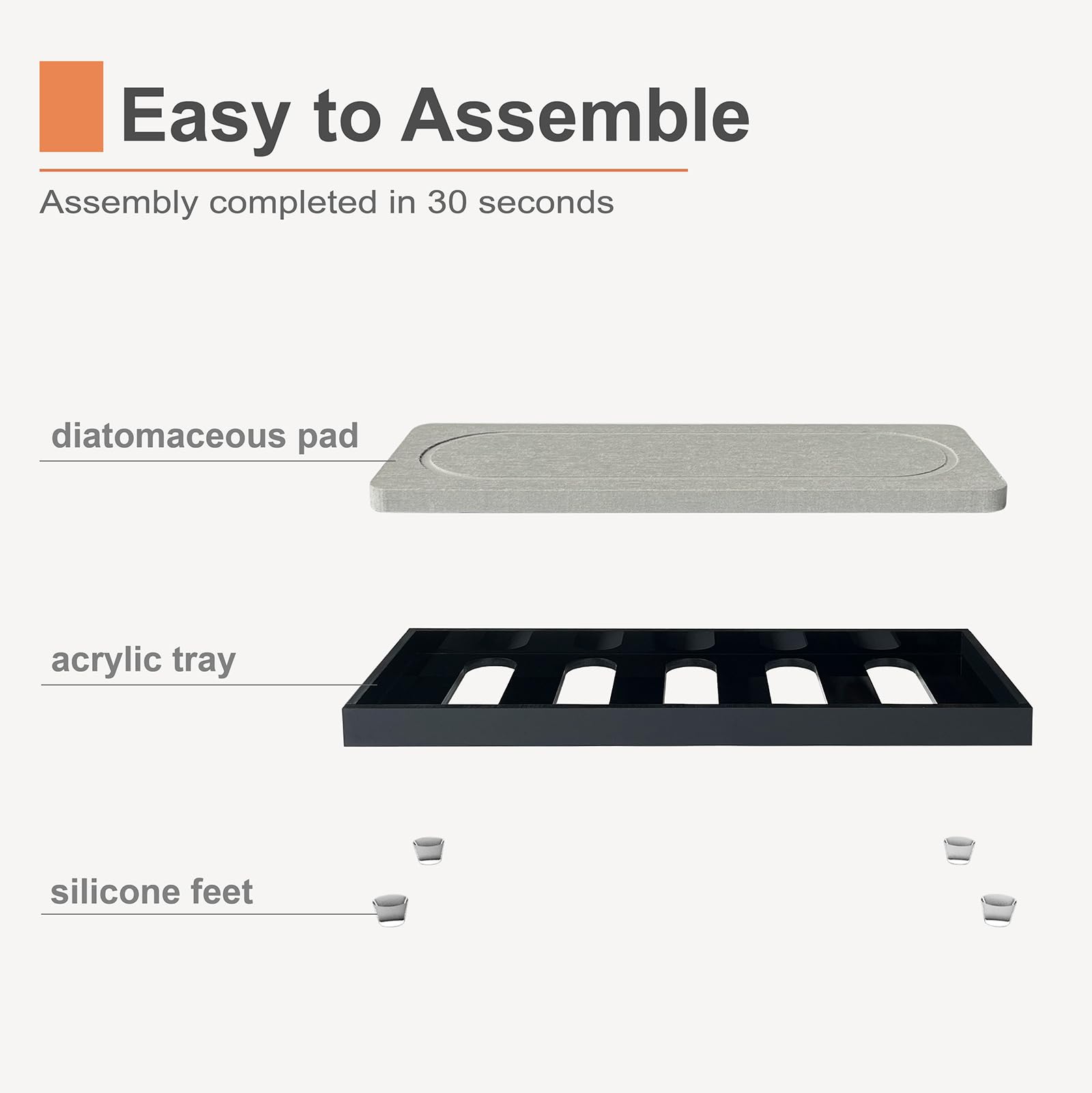 Authumberdale Instant Dry Sink Caddy Organizers, Sponge Holder for Kitchen Sink Counter, Water Absorbing Stone Drying Mat Rack, Soap Dish for Bathroom Countertop, Black Acrylic Tray with Grey Stone