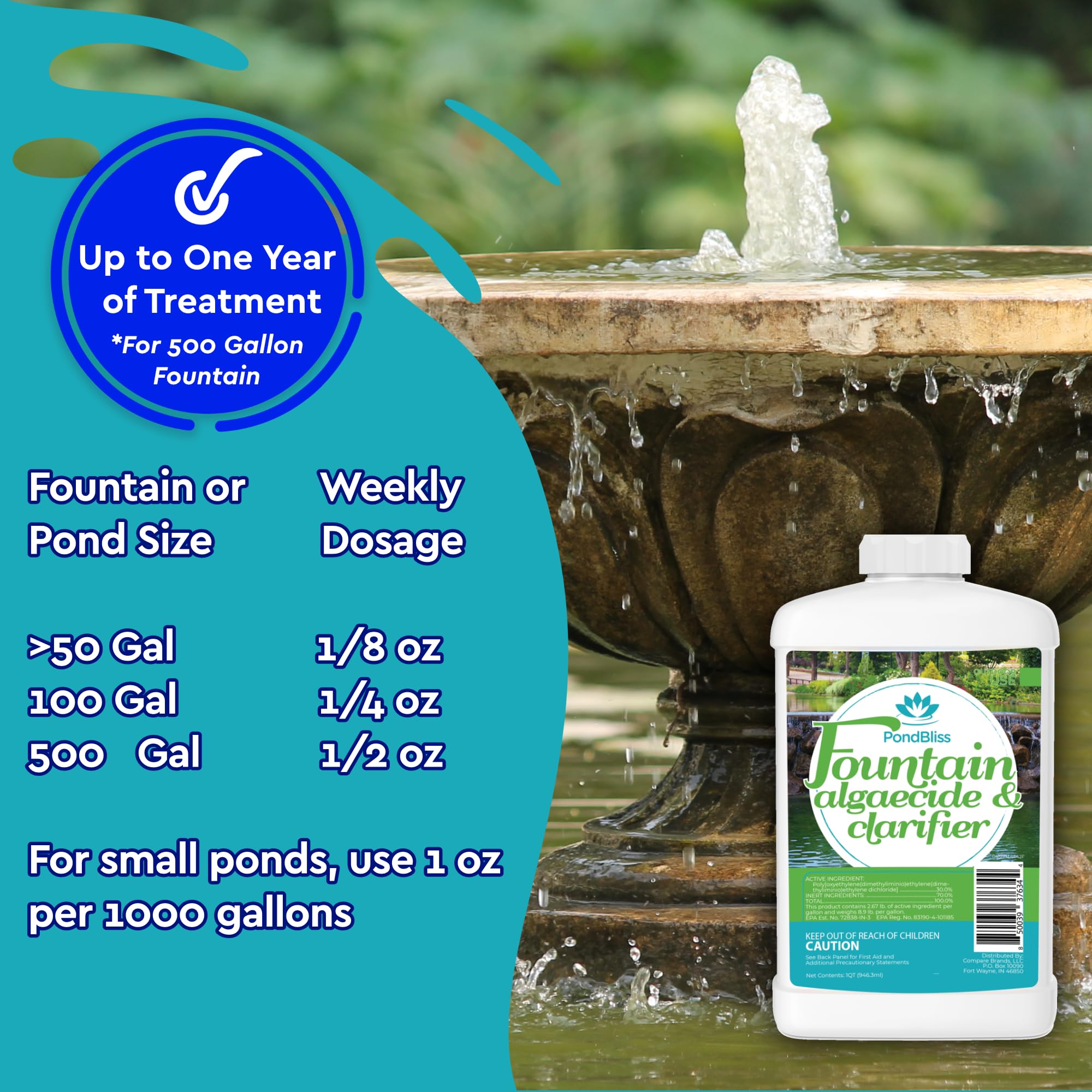 Algaecide for Fountains โ Clarify and Controls Algae for Large and Small Fountain (8 oz)