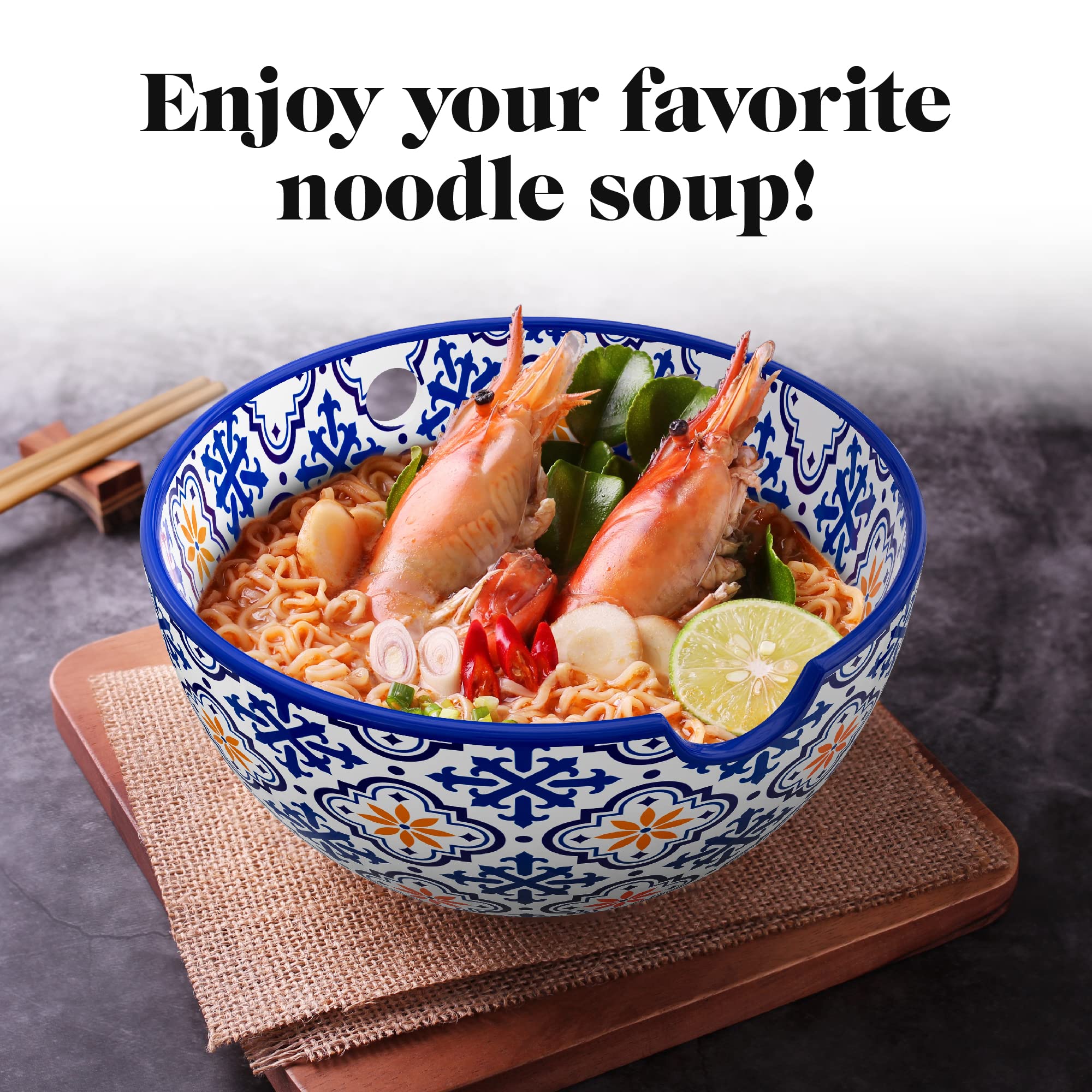 American Atelier Ramen Bowl with Chopsticks | Set of 2 | Soup Bowls for Kitchen | Udon Noodle Bowls with Chopsticks | Stoneware Soup Bowl | 6" Diameter (21 Oz) - Medallion Blue & Orange Design