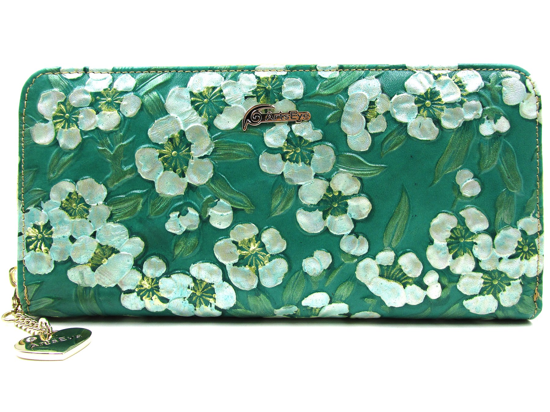 ArtsEye Peach Embossed Genuine Leather Zip Around Wallet (Green)