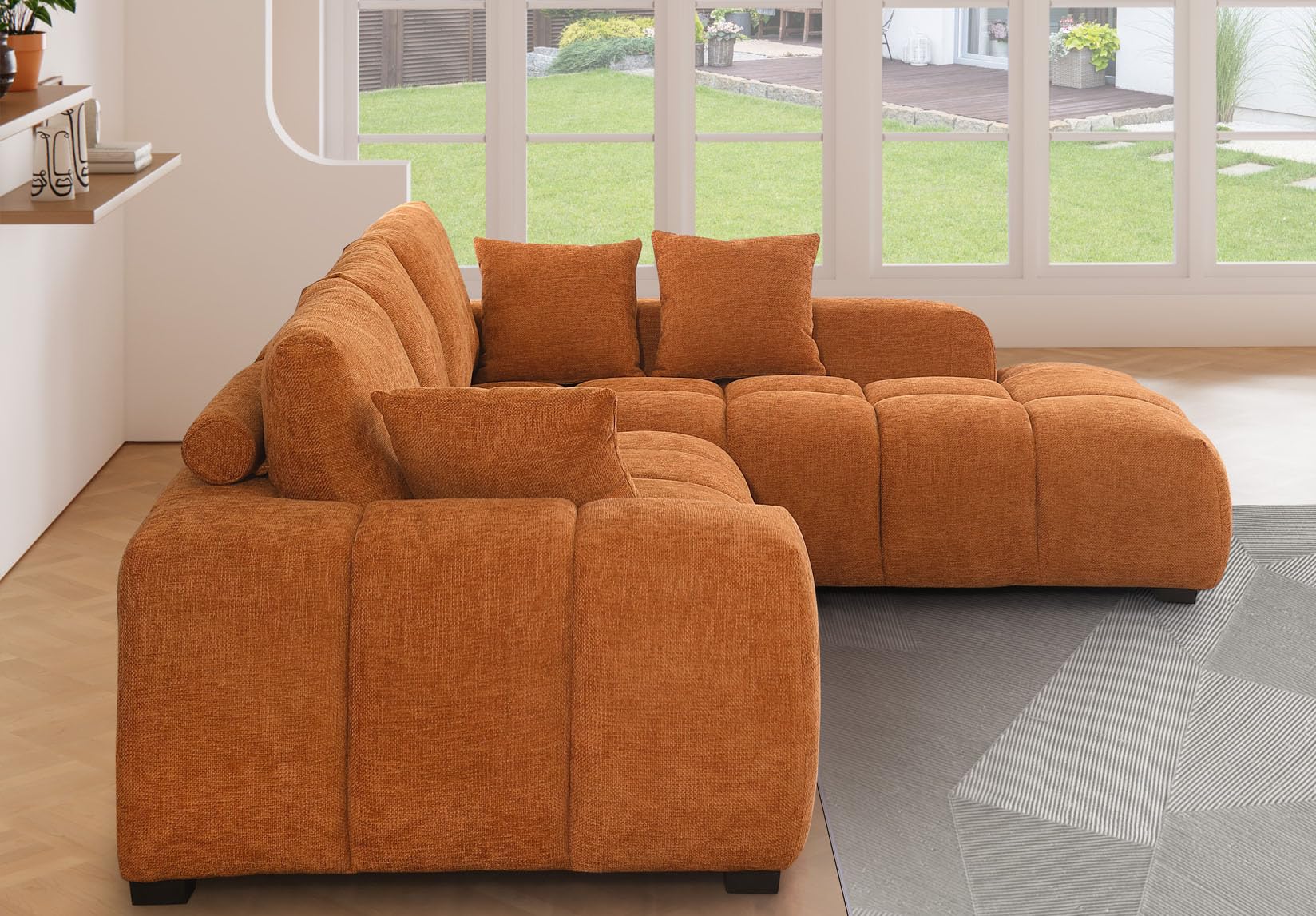 Alexent Oversized Fluffy Sofa Chaise Set 2 Pieces Sectional Sofa Chenille Couch with Deep Seat for Living Room (Caramel, Right-Hand Facing)