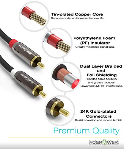 FosPower (3 Feet 2 RCA M/M Stereo Audio Cable [24K Gold Plated | Copper Core] 2RCA Male to 2RCA Male [Left/Right] Premium Sound Quality Plug