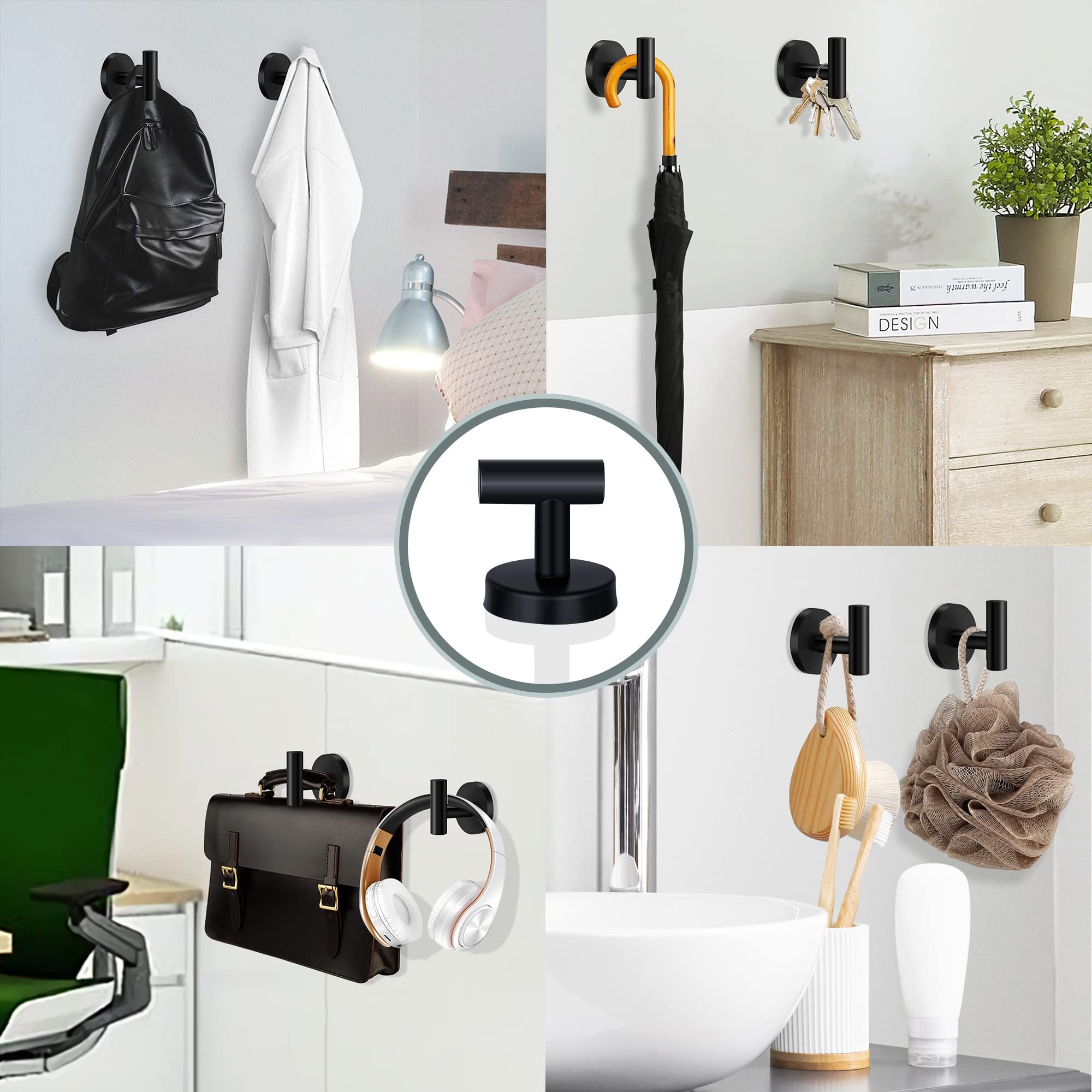 Moptrek Hooks, Bathroom Hook SUS 304 Stainless Steel Heavy Duty Door Hanger Coat Robe Clothes Modern Wall Hook Holder for Bathroom Kitchen Bedroom Pool Hotel 4 Packs (Matte Black)