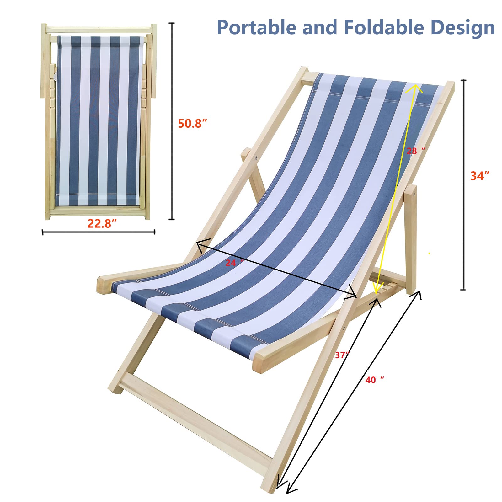 Sybrioka Beach Sling Chair,Outdoor Lounge Chair, Folding Patio Reclining, Camping Chairs with Adjustable Wood Backrest, for Outside Lawn Deck Pool (Blue)