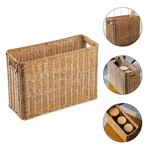 Cabilock Rattan Woven Basket Book Holder Basket Magazine Wicker Basket Woven Magazine Holder Magazine Rack Magazine Storage Organizer Rectangular Basket Bins Garbage Container Bin Utensil Tray