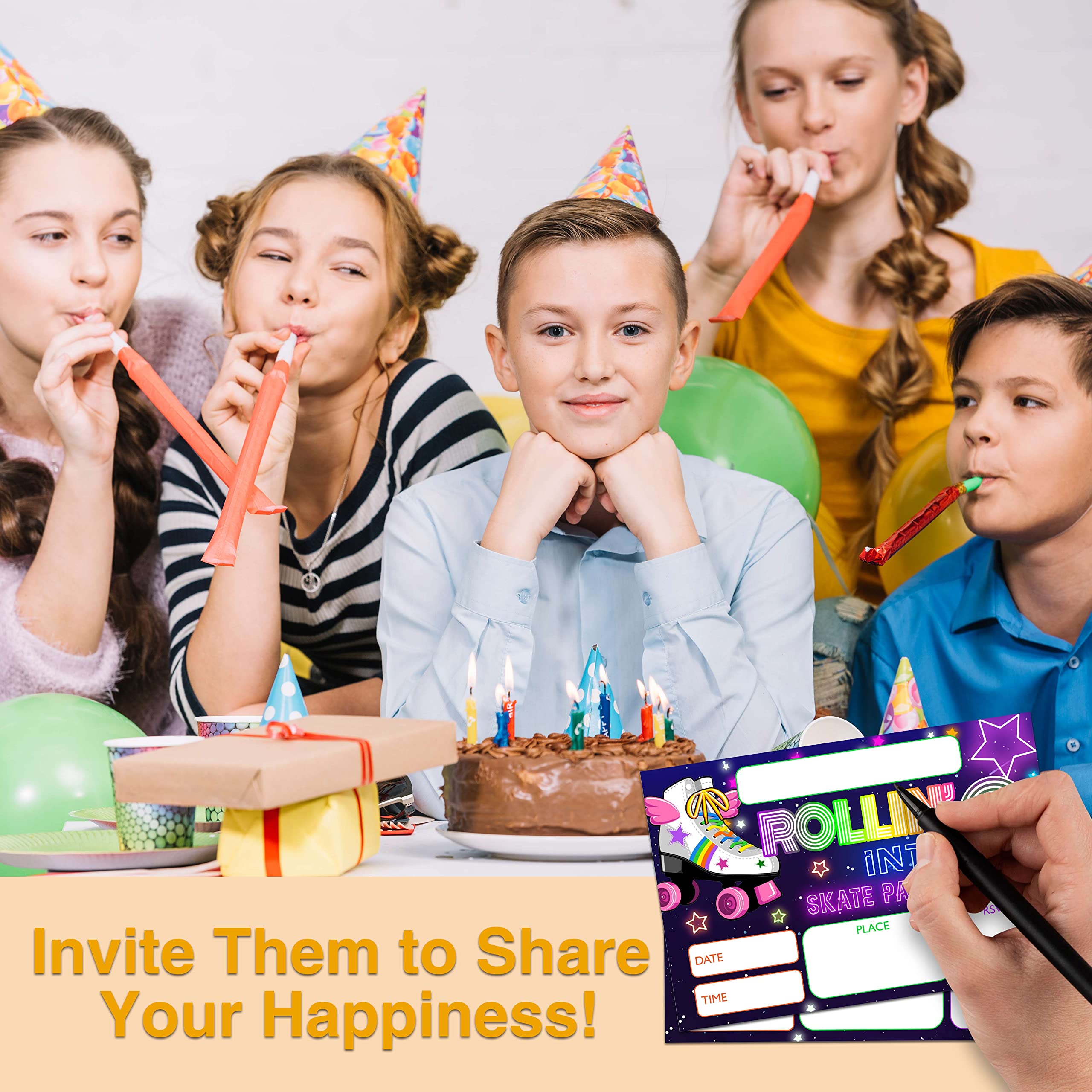 YSTEP Roller Skating 8th Birthday Party Invitations, 20 Invite Cards with Envelopes, 4"x6" Neon Skating Birthday Party Invites - A07