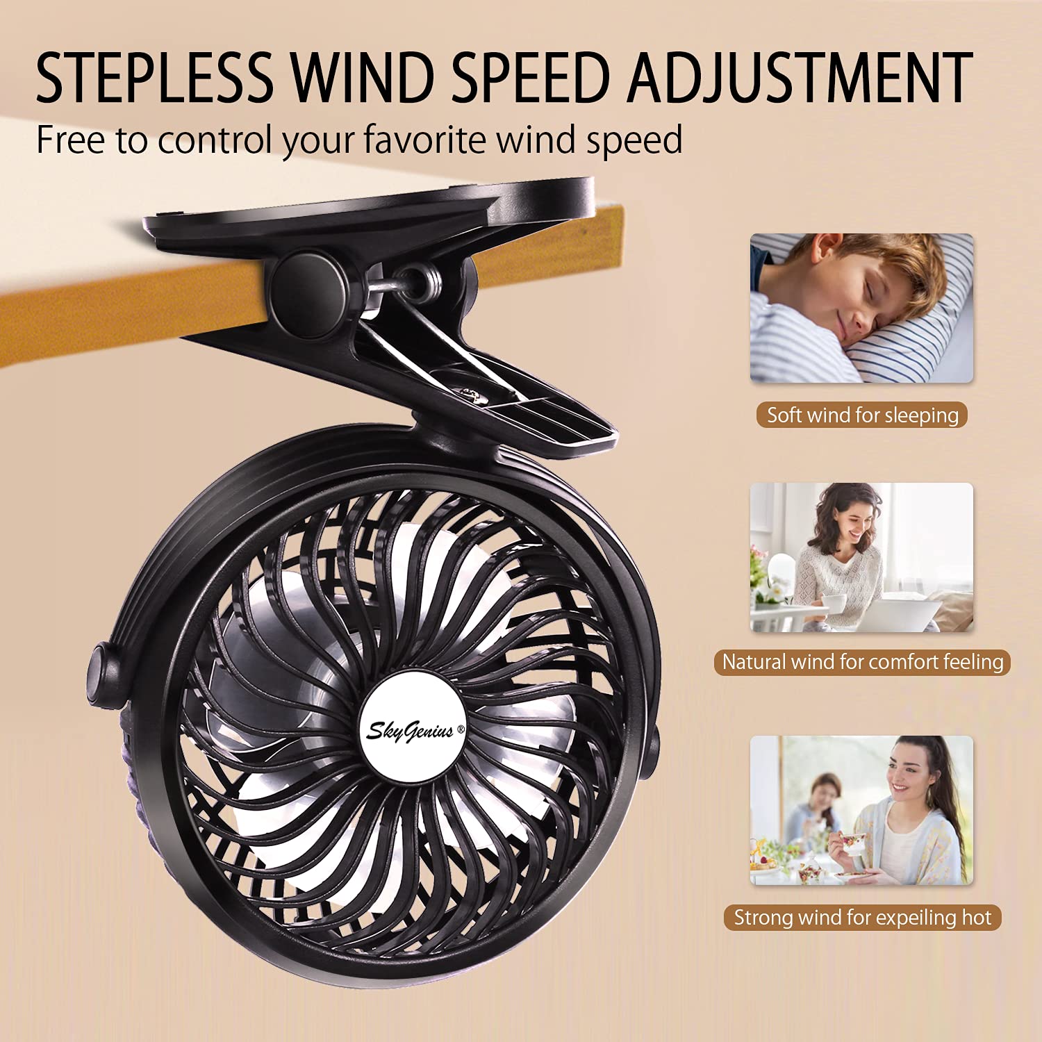 BRIGENIUS Battery Operated Stroller Fan, Portable Clip on Mini Desk Fan with 2600mAh Rechargeable Battery, USB Powered Clip Fan for Baby Stroller Office Outdoor Travel