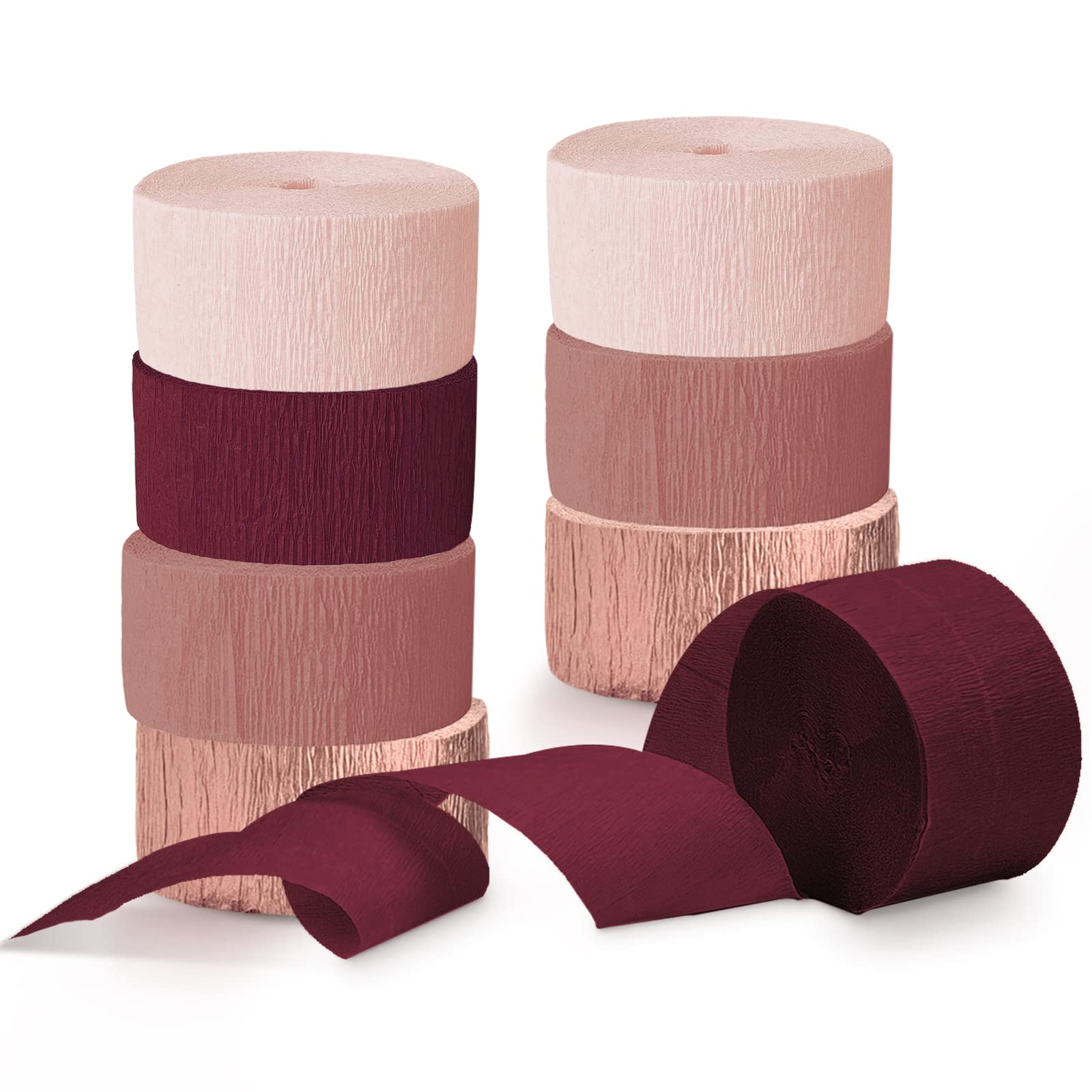 NICROLANDEE 8 Rolls Burgundy Rose Gold Crepe Paper Streamer Rolls for Birthday Wedding Engagement Bridal Shower Bachelorette Anniversary Valentine's Day Decorations