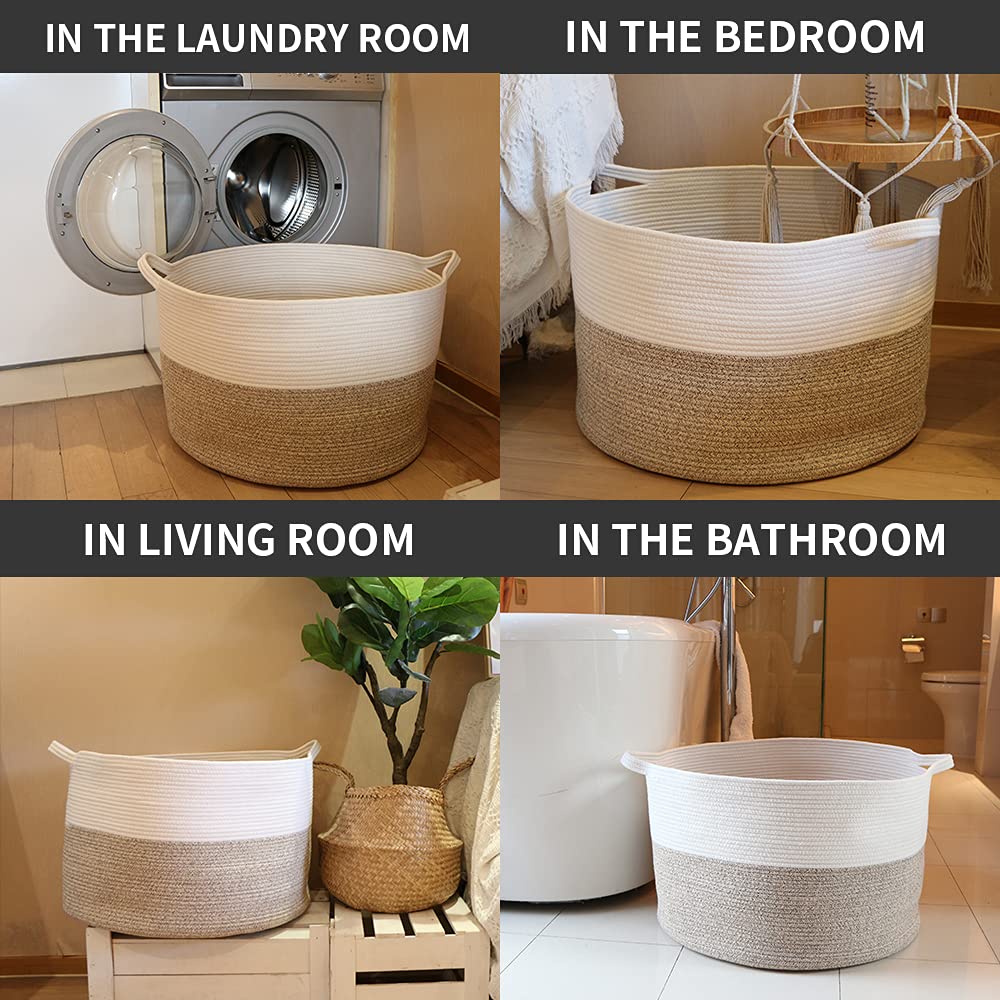 Basket Idea Extra Large Laundry Gift Basket( 21.7''x21.7''x13.8'' Inches Light Brown and White) Woven Cotton Storage Basket for Blankets Toys Clothes and Other Sundries to Make Your Home Look Neater