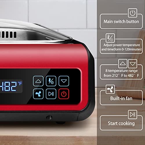 Indoor Smokeless Grill, Techwood 1500W Electric Grill with Tempered Glass Lid & LED Smart Control Panel, 8-Level Control Korean BBQ Grill with Removable Grill/Griddle Plate, Stainless Steel (Red)