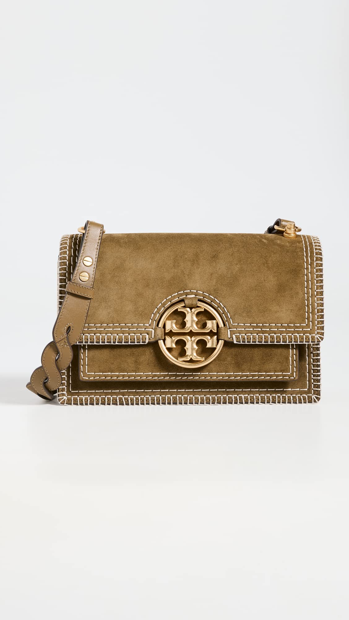 Tory Burch Women's Miller Suede Stitched Flap Shoulder Bag, Toasted Sesame, Tan, Brown, One Size