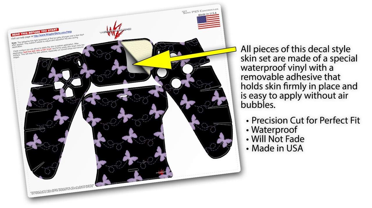WraptorSkinz Skin Wrap compatible with Sony PS5 DualSense Controller Pastel Butterflies Purple on Black (CONTROLLER NOT INCLUDED)