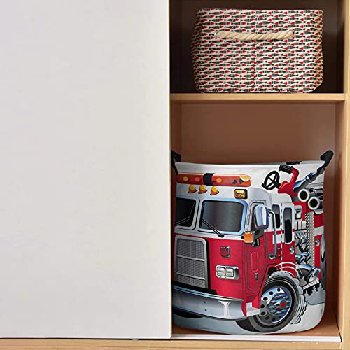 Fire Truck Round Laundry Hamper with Handles Cartoon Fire Truck Pattern Red Cool Oxford Fabric Dirty Clothes Hamper Collapsible Storage Basket/Toy Organizer for College Dorms Boys and Girls