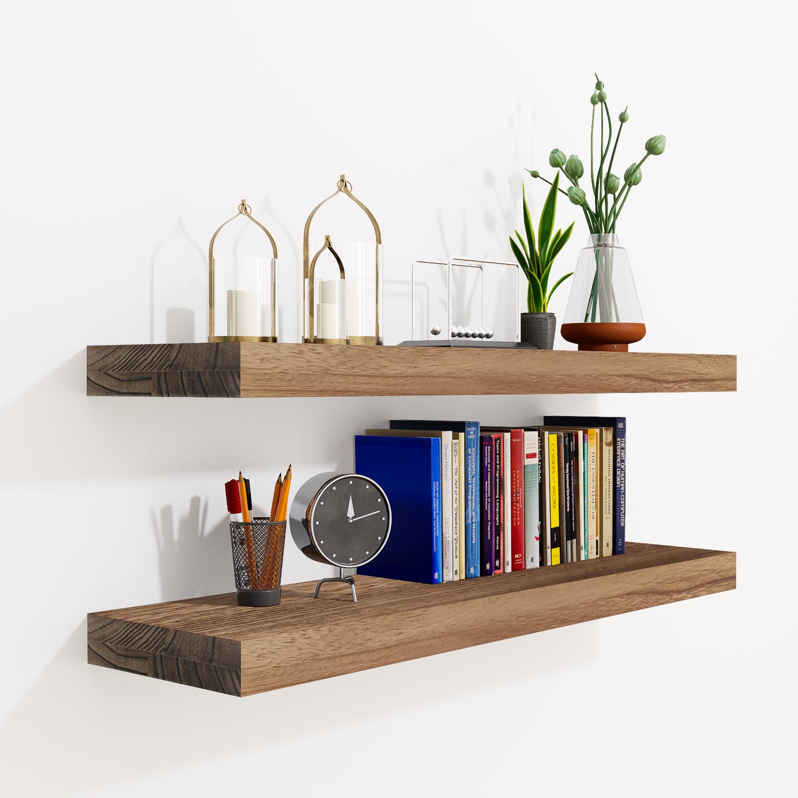 Beneouya 24 Inch Floating Shelves, Bathroom Wooden Shelves for Wall Mounted, Rustic Farmhouse Floating Shelves, Solid Wood Wall Shelves for Storage, Set of 2,White