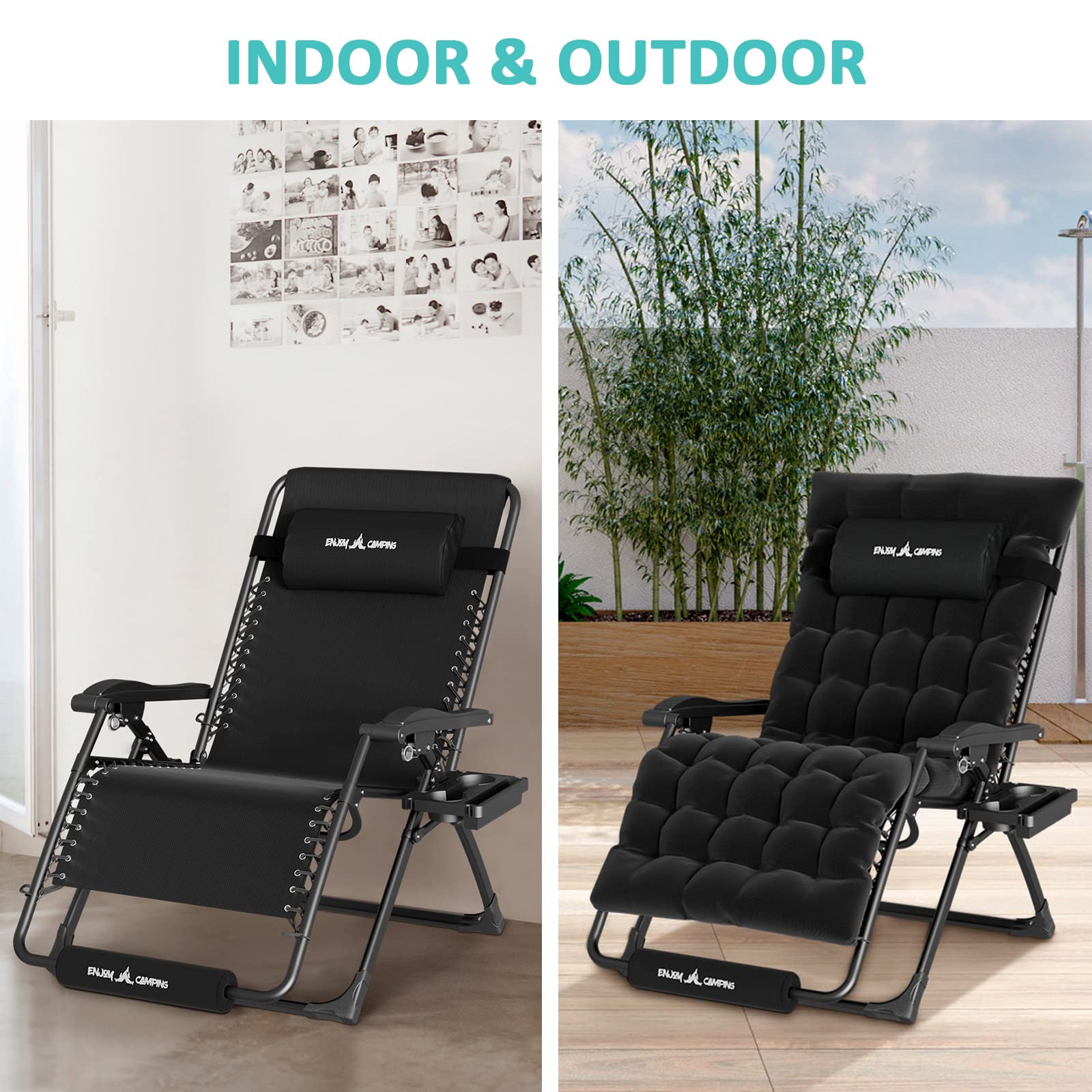 Amopatio Oversized Zero Gravity Chair with Cushion for Indoor & Outdoor, XXL 33In Patio Folding Reclining Lounge Chair with Tray/Footrest/Headrest, Black