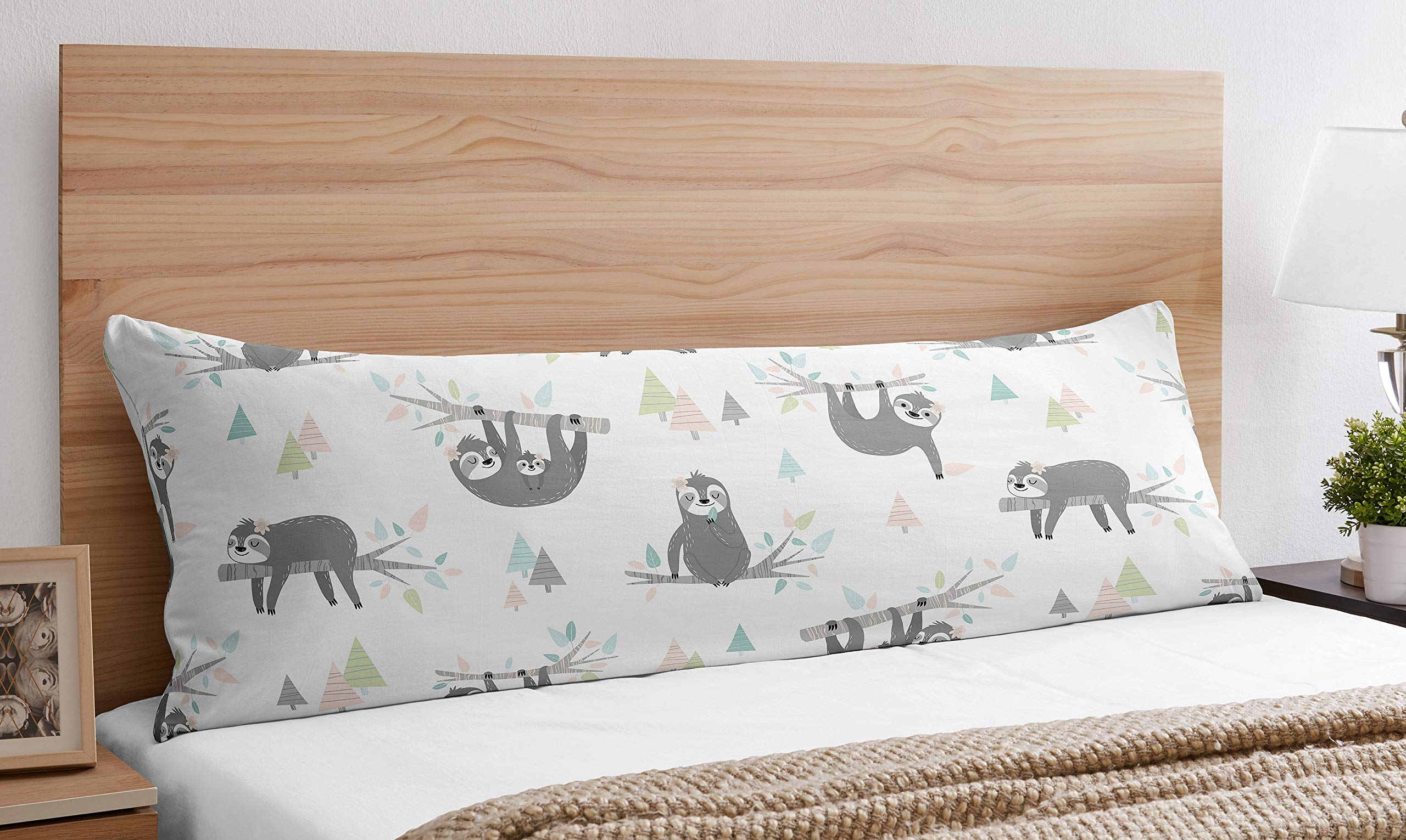 Sweet Jojo Designs Pink and Grey Jungle Sloth Leaf Body Pillow Case Cover (Pillow Not Included) - Blush, Turquoise, Gray and Green Botanical Rainforest