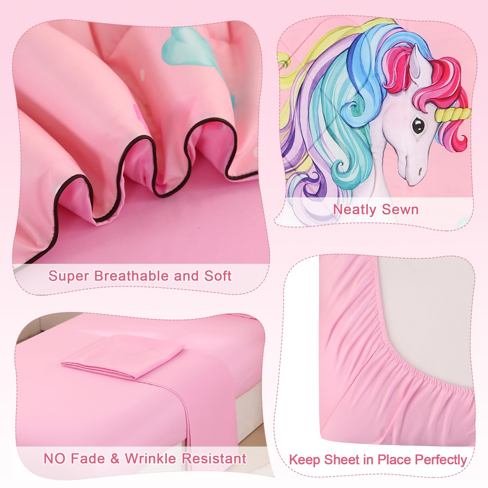 Wowelife Unicorn Toddler Bedding Set for Girls, Rainbow 4 Piece Toddler Bed Sheets Sets Pink Toddler Comforter Set Kids Bag in A Bag with Comforter, Flat Sheet, Fitted Sheet and Pillowcase, Pink
