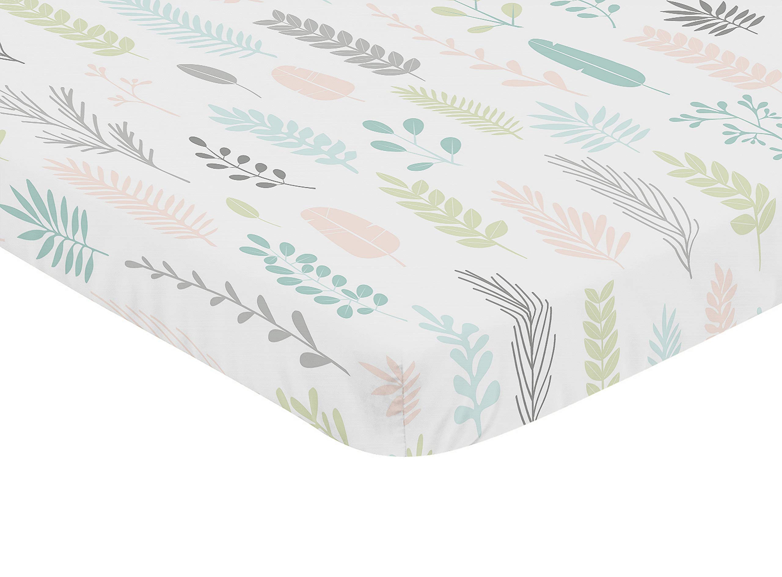Sweet Jojo Designs Pink Grey Tropical Leaf Girl Baby Nursery Fitted Mini Portable Crib Sheet For Mini Crib or Pack and Play - Blush, Turquoise, Gray, Green Botanical Rainforest Jungle Sloth Collection