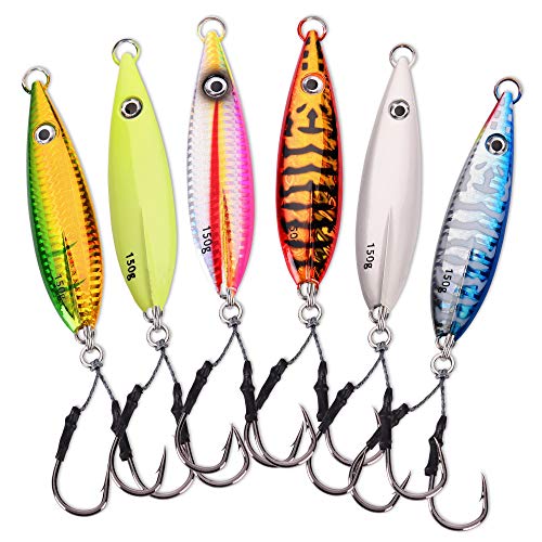 Calissa Offshore Tackle Fast Fall Jig 80g 150g 250g 300LBS Assist Hooks 3/0 Butterfly - Vertical Jig Speed Lure Slow Pitch Fall Glow Options (6 Pack, 80g)
