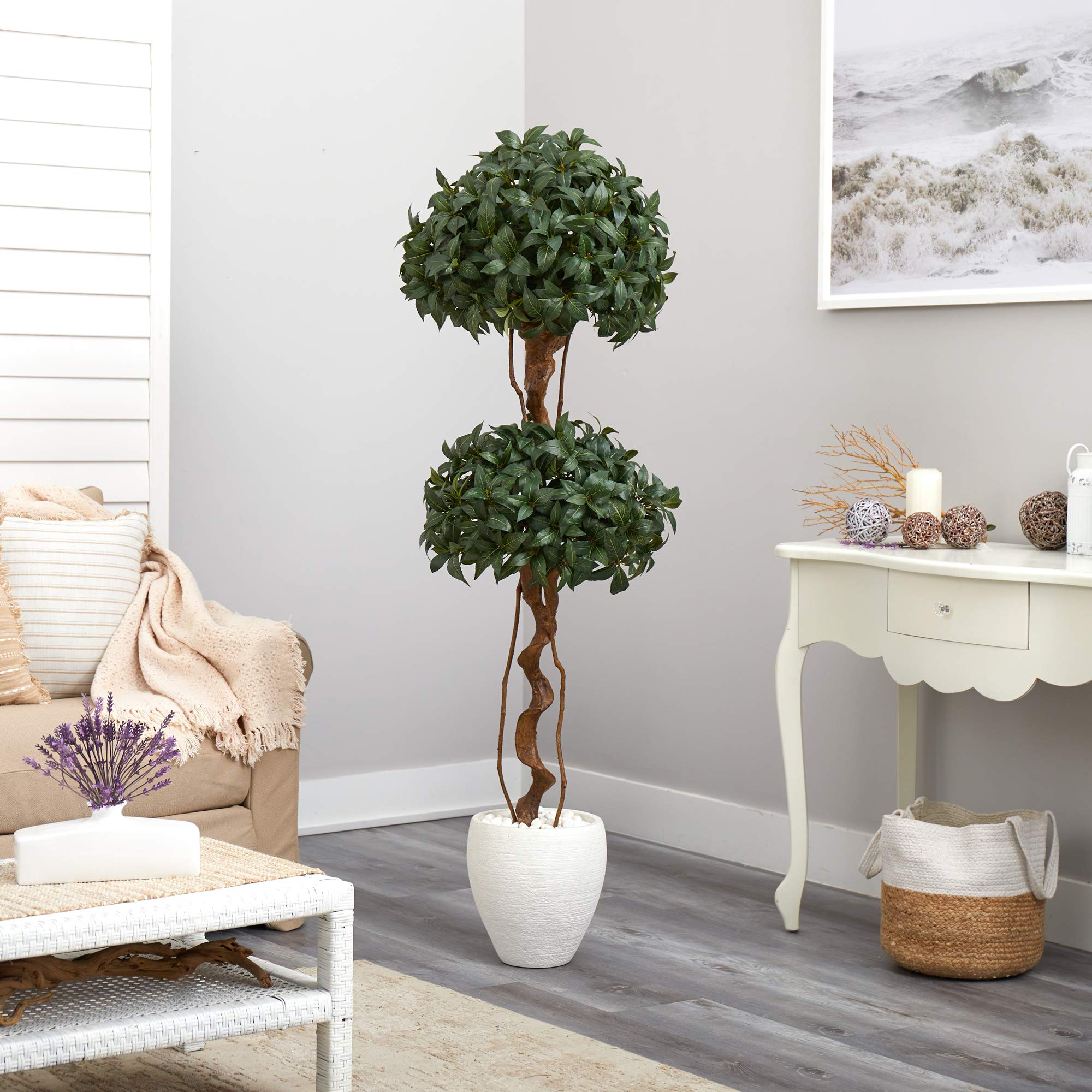5.5ft. Sweet Bay Double Ball Topiary Artificial Tree in White Planter