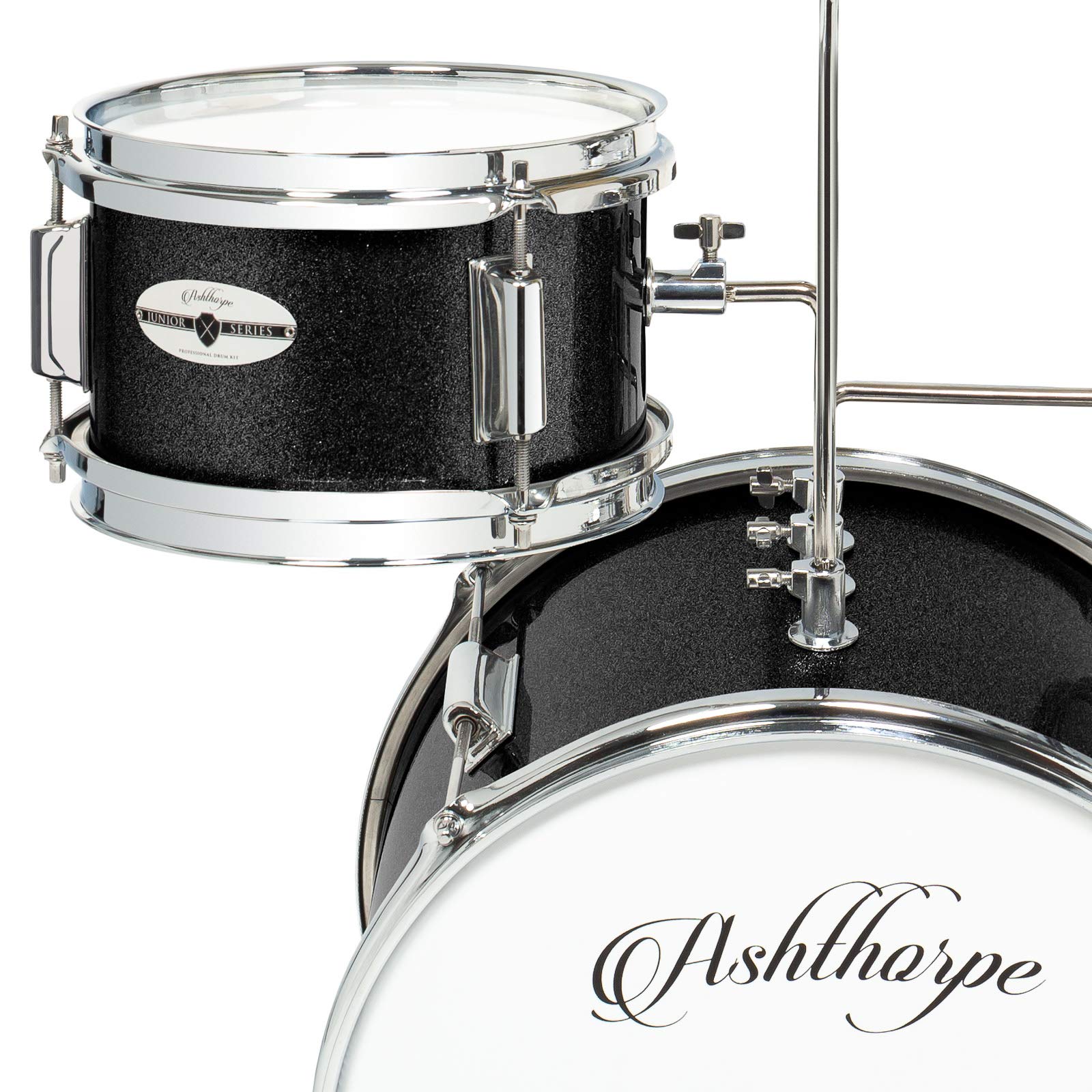 Ashthorpe 3-Piece Complete Drum Set - Beginner Kit with 14" Bass, Adjustable Throne, Cymbal, Pedal & Drumsticks - Black