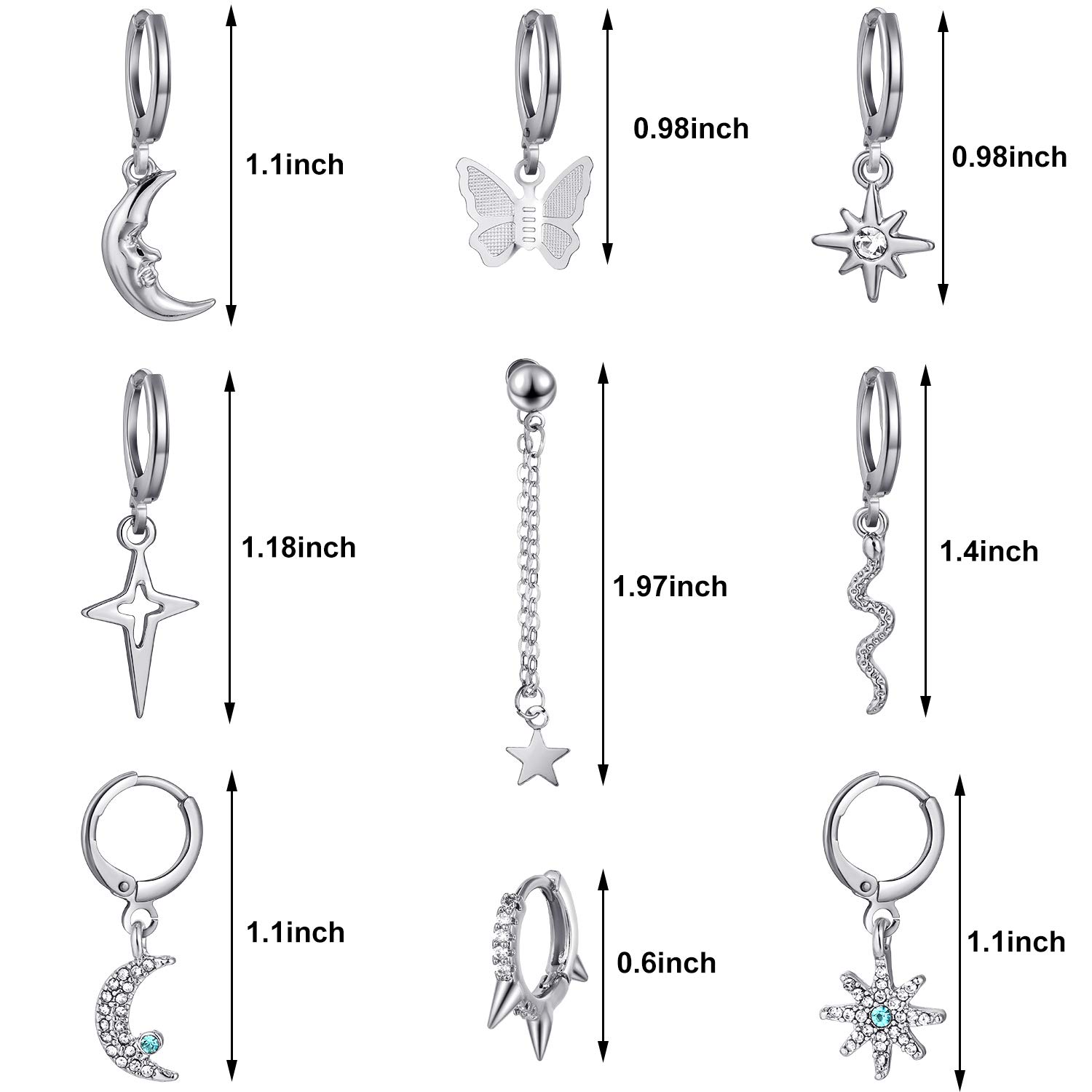 9 Pairs Small Hoop Earring with Charms Huggie Hoop Dangle Earrings Drop Pendant Hoop Earrings for Women (Silver)