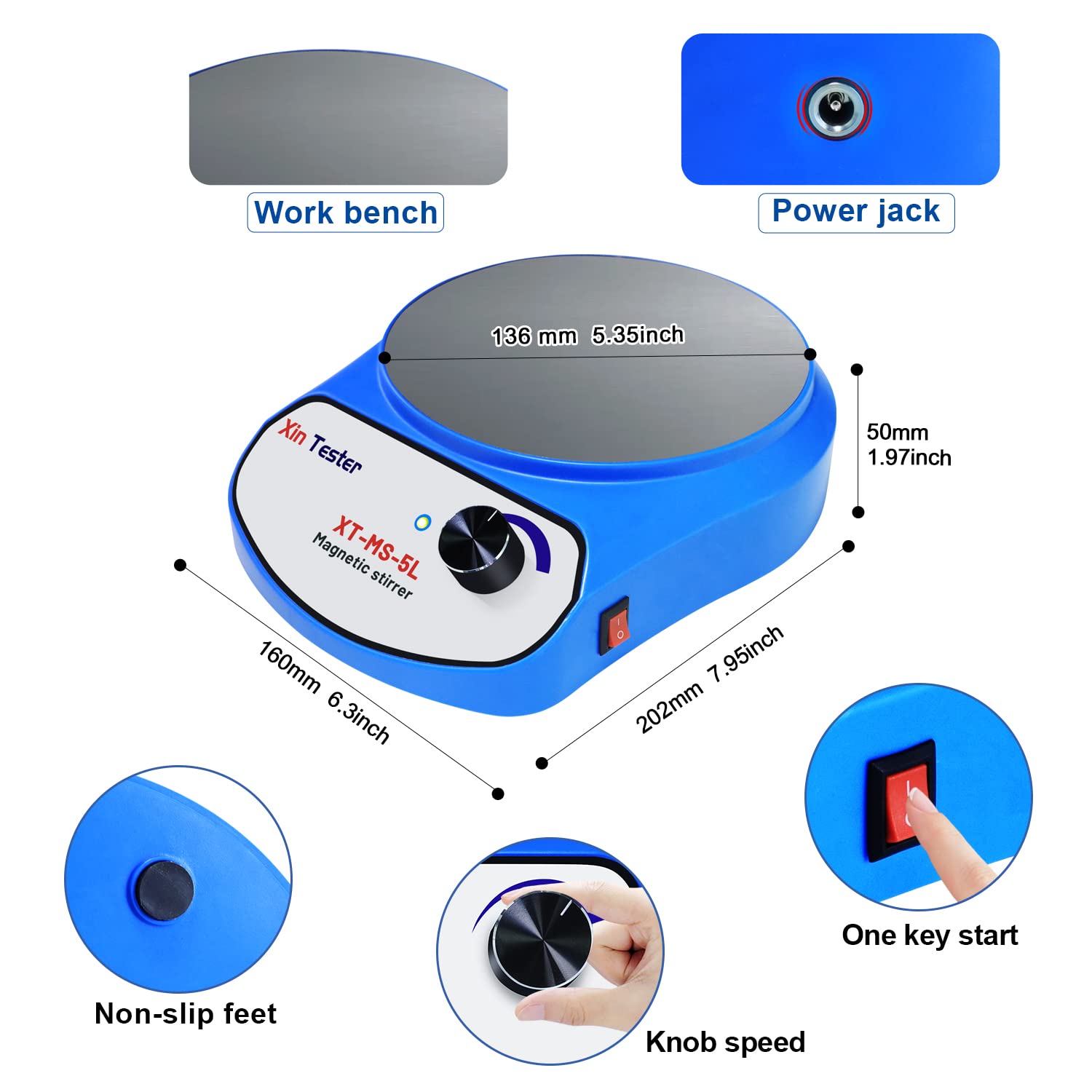 Xin Tester 5000ml Magnetic Stirrer, Stainless Steel Magnetic Mixer with Stir Bar, Magnetic Stir Plate for Sauces/Yeast Starters/Paint/Ink (No Heating) Max Stirring Rate: 2200RPM