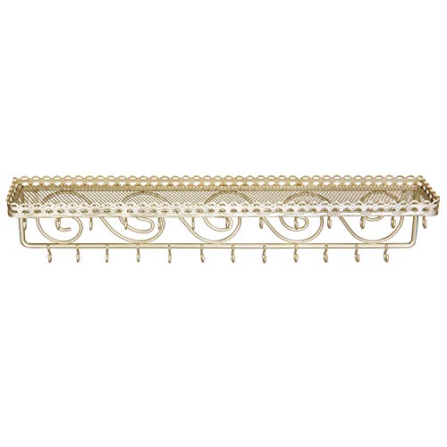 MyGift Gold-Tone Metal Wall-Mounted Jewelry & Cosmetics Shelf with 25 Necklace Hooks