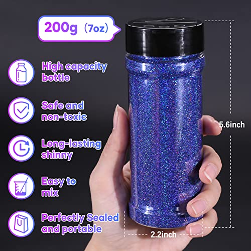 HTVRONT Holographic Extra Fine Glitter - 200g/7oz Royal Blue Glitter for Crafts, 0.2mm Ultra Fine Glitter for Resin, Iridescent Glitter Powder for Nails, Tumblers, Cosmetic, Craft Glitter Shaker Jar